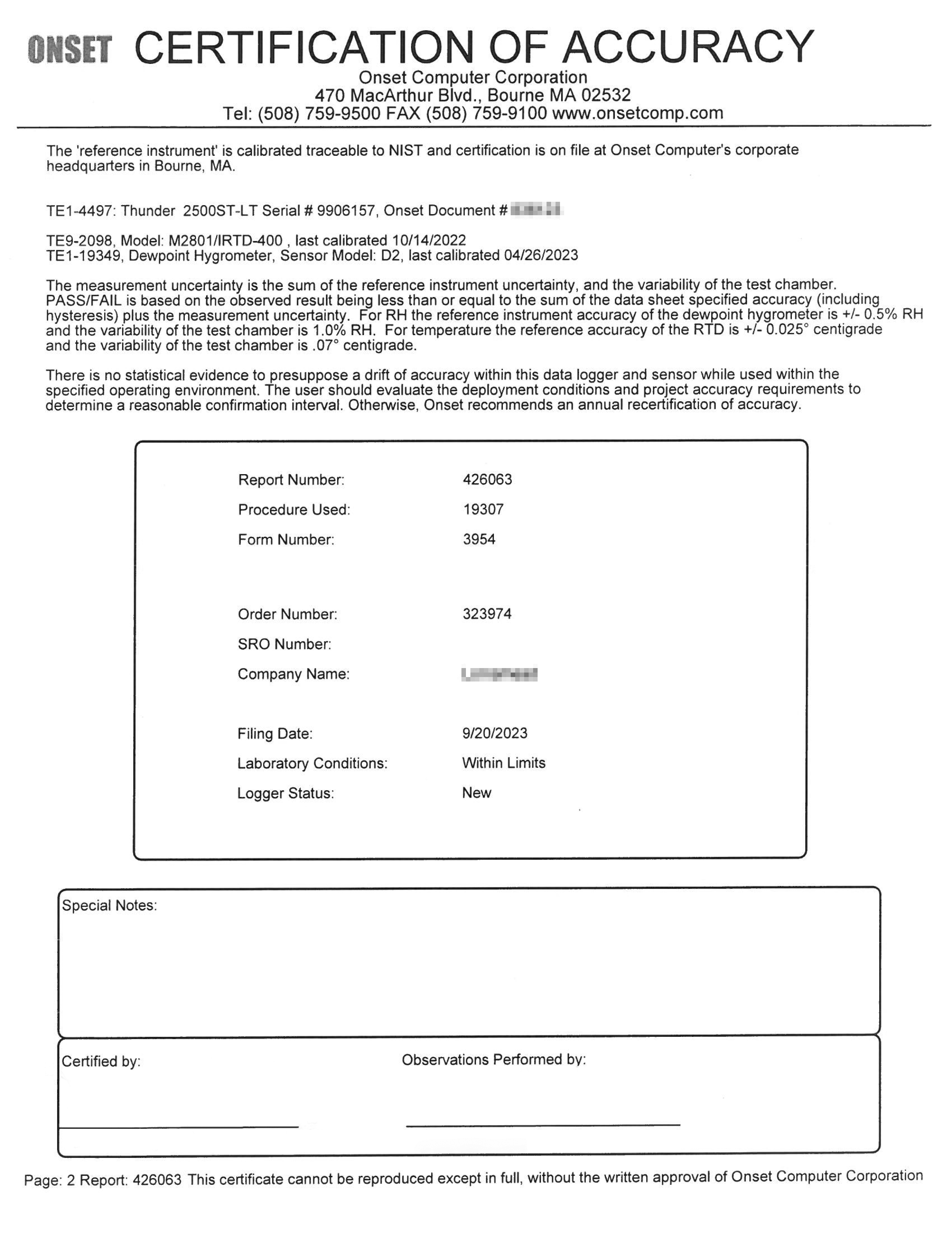 Initial Purchase RH NIST Calibration Service Certification NIST-RH ...